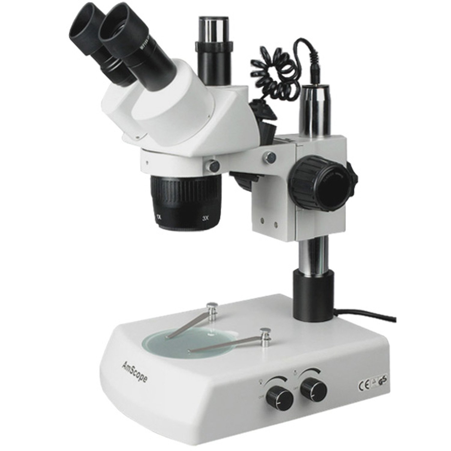 AmScope SW-2T24X Trinocular Stereo Microscope, WH10x Eyepieces, 10X/20X/40X Magnification, 2X/4X Objective, Upper and Lower Halogen Lighting, Pillar Stand, 110V-120V, Includes 0.5x Barlow Lens