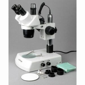 AmScope SW-2T24X Trinocular Stereo Microscope, WH10x Eyepieces, 10X/20X/40X Magnification, 2X/4X Objective, Upper and Lower Halogen Lighting, Pillar Stand, 110V-120V, Includes 0.5x Barlow Lens