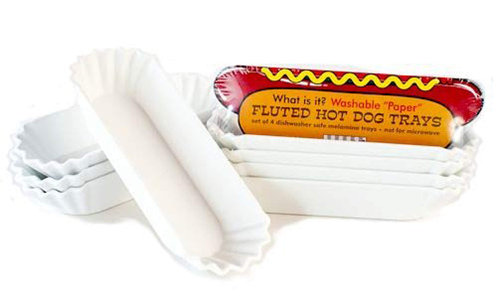 180 Degrees "What Is It?" Set of Four Reusable Melamine Hot Dog Dish Trays, 5.5 Inch