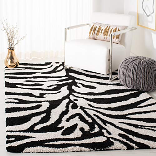 SAFAVIEH Florida Shag Collection Area Rug - 8' x 10', Ivory & Black, Zebra Print Design, Non-Shedding & Easy Care, 1.2-inch Thick Ideal for High Traffic Areas in Living Room, Bedroom (SG452-1290)