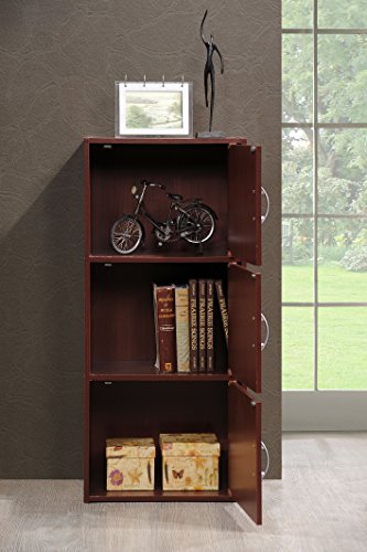 HODEDAH 3 Door Bookcase Cabinet, Mahogany