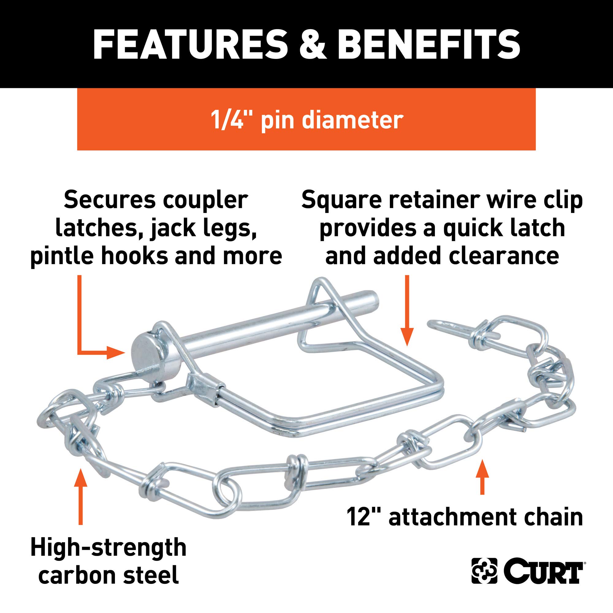 CURT 25013 Trailer Coupler Pin with 12-Inch Chain, 1/4-Inch Diameter x 2-3/4-Inch Long, CLEAR ZINC