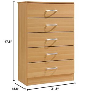 HODEDAH IMPORT 5 Drawer Chest, with Metal Gliding Rails, Beech, 47.8x31.5 inches