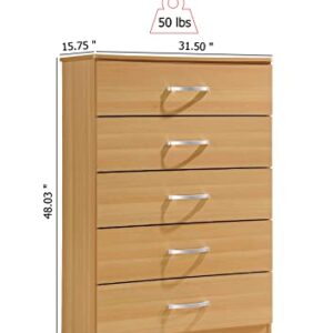 HODEDAH IMPORT 5 Drawer Chest, with Metal Gliding Rails, Beech, 47.8x31.5 inches