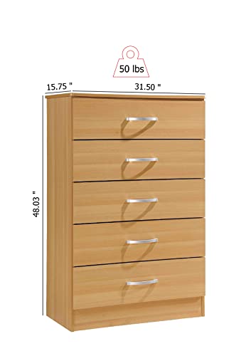 HODEDAH IMPORT 5 Drawer Chest, with Metal Gliding Rails, Beech, 47.8x31.5 inches