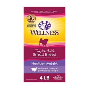 wellness complete health small breed dry dog food with grains, natural ingredients, made in usa with real turkey, for dogs up to 25 lbs (adult, healthy weight turkey & rice, 4-pound bag)