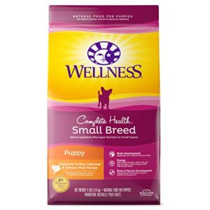 wellness complete health small breed dry dog food with grains, natural ingredients, made in usa with real turkey, for dogs up to 25 lbs. (puppy, turkey, salmon & oatmeal, 4-pound bag)