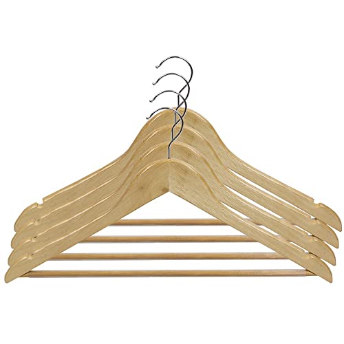 Home Basics 5 Pack Wooden Non-Slip Suit Hangers with Pants Bar – Smooth Finish Solid Wood Coat Hanger 360° Swivel Hook and Cut Notches for Jacket, Pant, Dress Clothes Hangers (Natural)