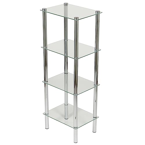 Home Basics Small Glass (Clear/Silver), Shelving Storage Unit with Chrome Metal Bars 4 Tier Corner Shelf