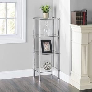 Home Basics Small Glass (Clear/Silver), Shelving Storage Unit with Chrome Metal Bars 4 Tier Corner Shelf