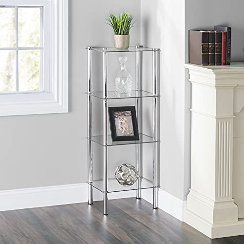 Home Basics Small Glass (Clear/Silver), Shelving Storage Unit with Chrome Metal Bars 4 Tier Corner Shelf