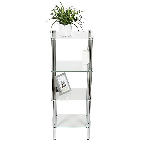 Home Basics Small Glass (Clear/Silver), Shelving Storage Unit with Chrome Metal Bars 4 Tier Corner Shelf