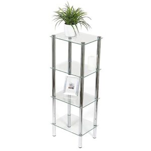 Home Basics Small Glass (Clear/Silver), Shelving Storage Unit with Chrome Metal Bars 4 Tier Corner Shelf