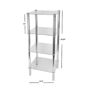 Home Basics Small Glass (Clear/Silver), Shelving Storage Unit with Chrome Metal Bars 4 Tier Corner Shelf