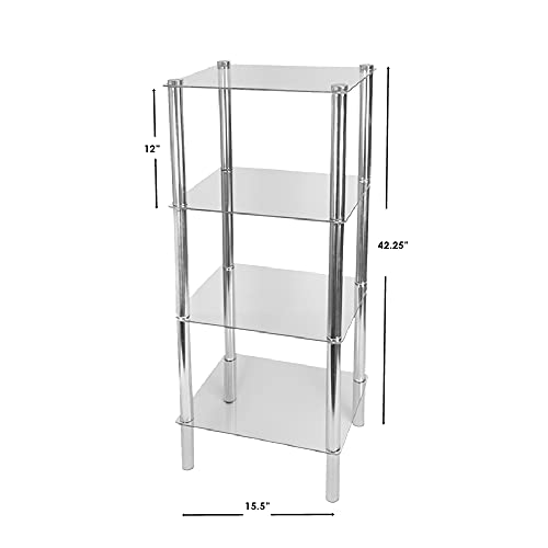 Home Basics Small Glass (Clear/Silver), Shelving Storage Unit with Chrome Metal Bars 4 Tier Corner Shelf