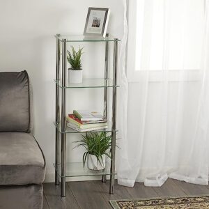 Home Basics Small Glass (Clear/Silver), Shelving Storage Unit with Chrome Metal Bars 4 Tier Corner Shelf