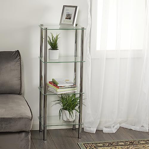 Home Basics Small Glass (Clear/Silver), Shelving Storage Unit with Chrome Metal Bars 4 Tier Corner Shelf