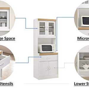 Hodedah Long Standing Kitchen Cabinet with Top & Bottom Enclosed Cabinet Space, One Drawer, Large Open Space for Microwave, White