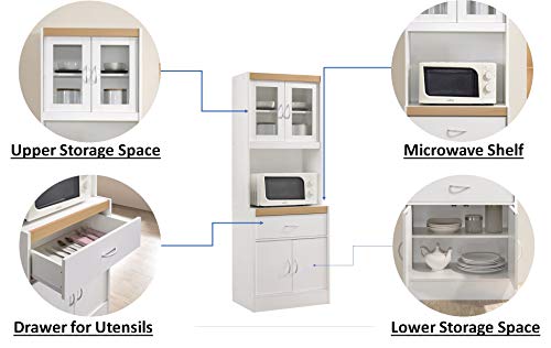 Hodedah Long Standing Kitchen Cabinet with Top & Bottom Enclosed Cabinet Space, One Drawer, Large Open Space for Microwave, White