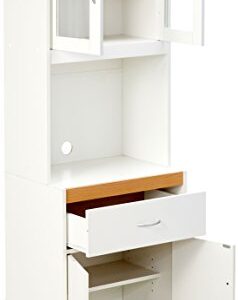 Hodedah Long Standing Kitchen Cabinet with Top & Bottom Enclosed Cabinet Space, One Drawer, Large Open Space for Microwave, White