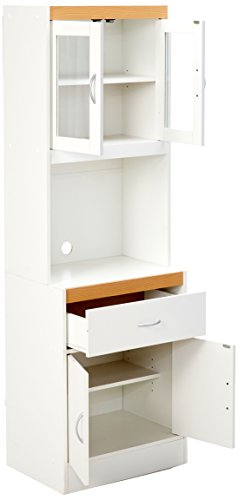 Hodedah Long Standing Kitchen Cabinet with Top & Bottom Enclosed Cabinet Space, One Drawer, Large Open Space for Microwave, White