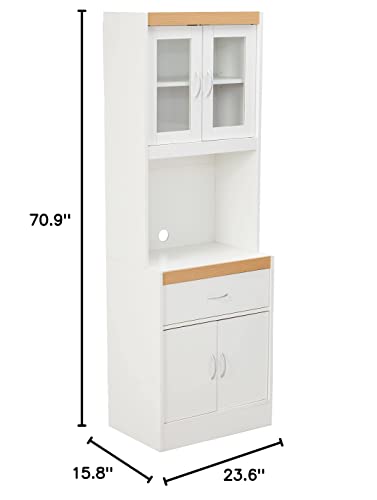 Hodedah Long Standing Kitchen Cabinet with Top & Bottom Enclosed Cabinet Space, One Drawer, Large Open Space for Microwave, White