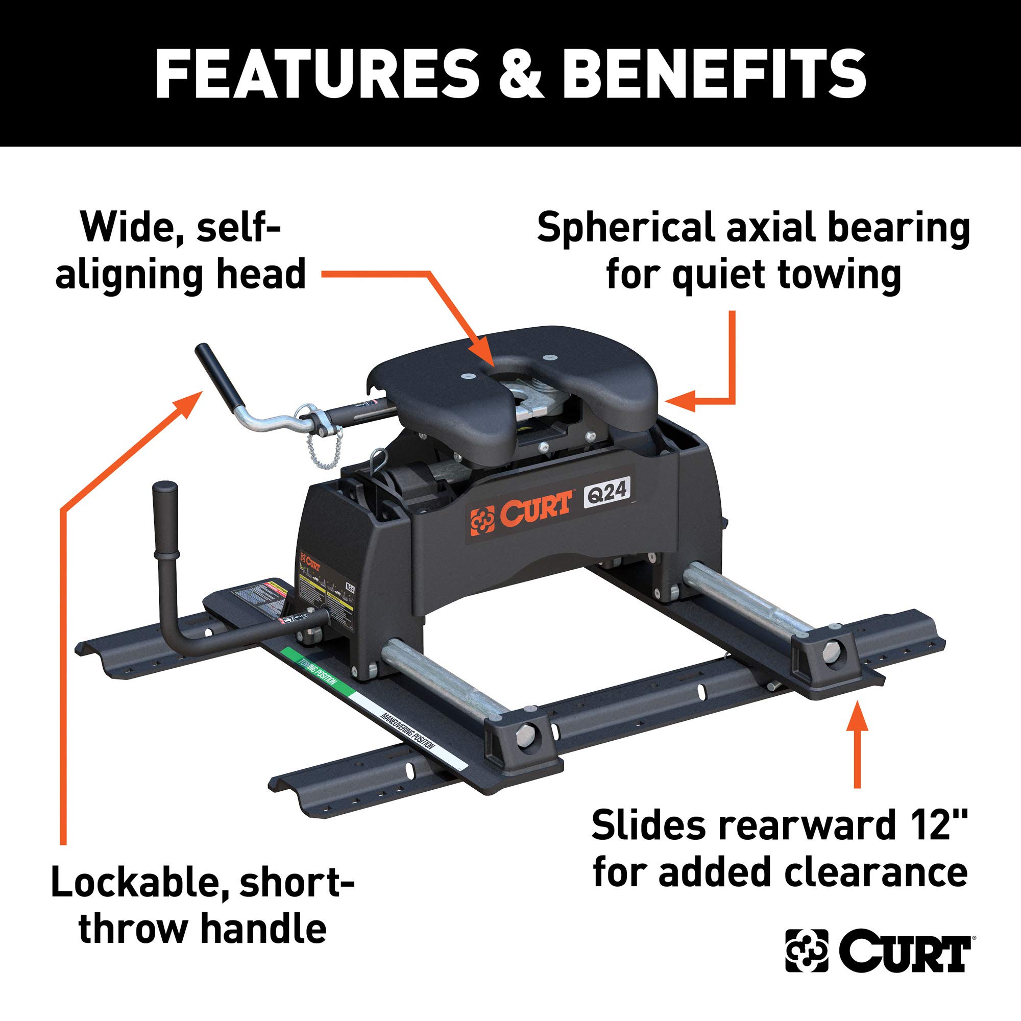 CURT 16646 Q24 5th Wheel Slider Hitch with Base Rails for Short Bed Trucks, 24,000 lbs