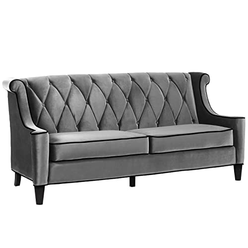 Armen Living Barrister Sofa in Grey Velvet and Black Wood Finish