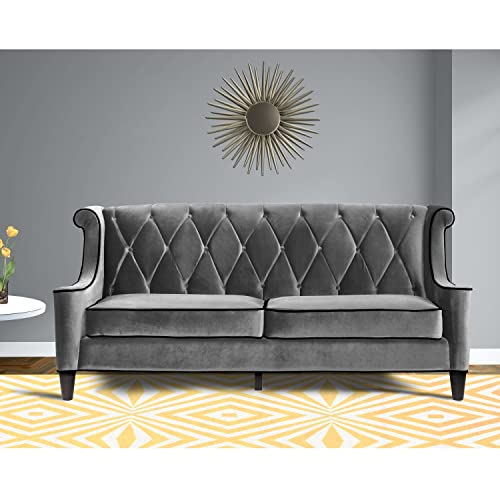 Armen Living Barrister Sofa in Grey Velvet and Black Wood Finish