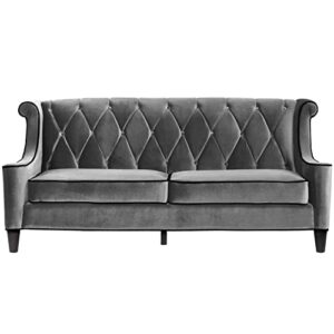 Armen Living Barrister Sofa in Grey Velvet and Black Wood Finish