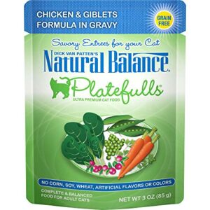 natural balance platefulls wet cat food salmon, chicken & giblets formula in gravy, 3 ounce pouch (pack of 24), grain free