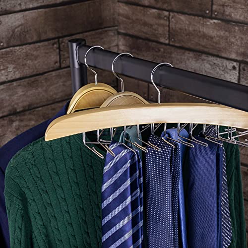 HANGERWORLD Hanging Tie Holder Organizer Rack - Premium Wooden Tie Hanger with 24 Folding Accessory Hooks for Closet Space Saving