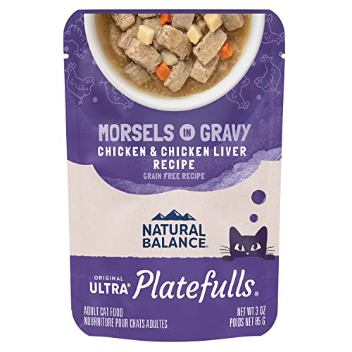 Natural Balance Platefulls Indoor Chicken & Chicken Liver Cat Food in Gravy | Premium Grain-Free Wet Food for Indoor Cats | 3-oz. Pouch (Pack of 24)