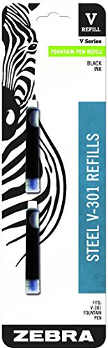 Zebra Pen V-301 Stainless Steel Fountain Pen Refill, Fine Point, 0.7mm, Black Ink, 2-Pack