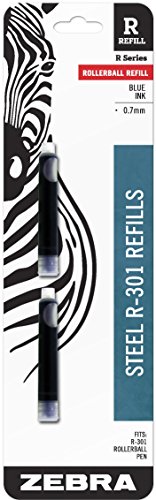 Zebra R-301 Stainless Steel Rollerball Pen Refill, Blue Ink, 2-Count