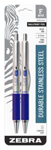 zebra pen f-402 ballpoint tainle teel retractable pen, fine point, 0.7mm, blue ink, 2-count