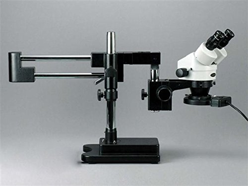 AmScope SM-4BZ-FRL-B Professional Binocular Stereo Zoom Microscope, WH10x Eyepieces, 3.5X-90X Magnification, 0.7X-4.5X Zoom Objective, 8W Fluorescent Ring Light, Black Double-Arm Boom Stand, 110V-120V, Includes 0.5x and 2.0x Barlow Lenses