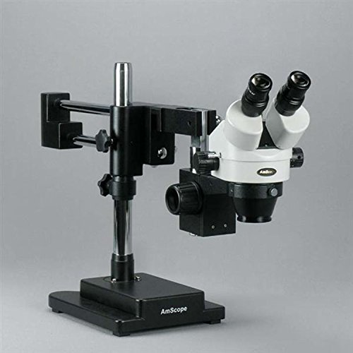 AmScope SM-4BZ-FRL-B Professional Binocular Stereo Zoom Microscope, WH10x Eyepieces, 3.5X-90X Magnification, 0.7X-4.5X Zoom Objective, 8W Fluorescent Ring Light, Black Double-Arm Boom Stand, 110V-120V, Includes 0.5x and 2.0x Barlow Lenses