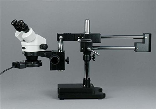 AmScope SM-4BZ-FRL-B Professional Binocular Stereo Zoom Microscope, WH10x Eyepieces, 3.5X-90X Magnification, 0.7X-4.5X Zoom Objective, 8W Fluorescent Ring Light, Black Double-Arm Boom Stand, 110V-120V, Includes 0.5x and 2.0x Barlow Lenses