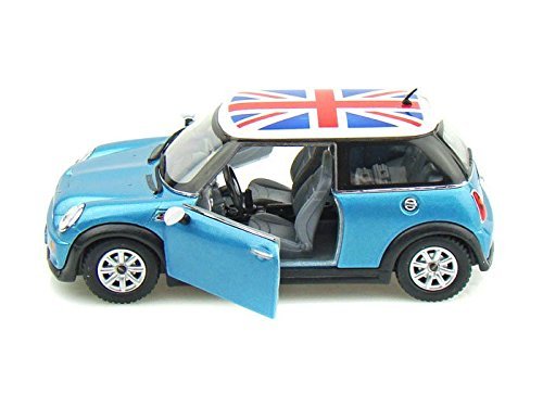 KiNSMART Mini Cooper S 5" 1:28 Scale Die Cast Metal Model Toy Car British Flag Blue w/Pullback Action