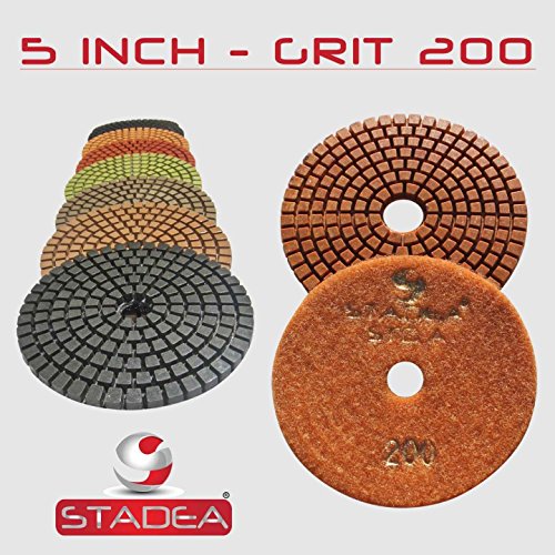 STADEA 5" Wet Diamond Polishing Pads Set for Concrete polishing + Rubber Backer (5/8" 11 Threaded)