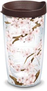 tervis 1041201 cherry blossom tumbler with wrap and brown lid 16oz, clear