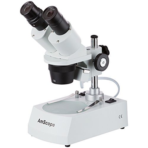 AmScope SE305R-PZ-LED Forward-Mounted Binocular Stereo Microscope, WF10x and WF20x Eyepieces, 10X/20X/30X/60X Magnification, 1X and 3X Objectives, Upper and Lower LED Lighting, Reversible Black/White Stage Plate, Pillar Stand, 120V or Battery-Powered