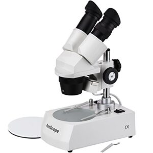 amscope se305-p binocular stereo microscope, wf10x eyepieces, 10x and 30x magnification, 1x and 3x objectives, upper and lower halogen lighting, reversible black/white stage plate, pillar stand, 120v