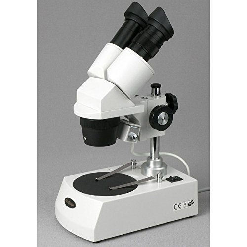 AmScope SE305-P Binocular Stereo Microscope, WF10x Eyepieces, 10X and 30X Magnification, 1X and 3X Objectives, Upper and Lower Halogen Lighting, Reversible Black/White Stage Plate, Pillar Stand, 120V