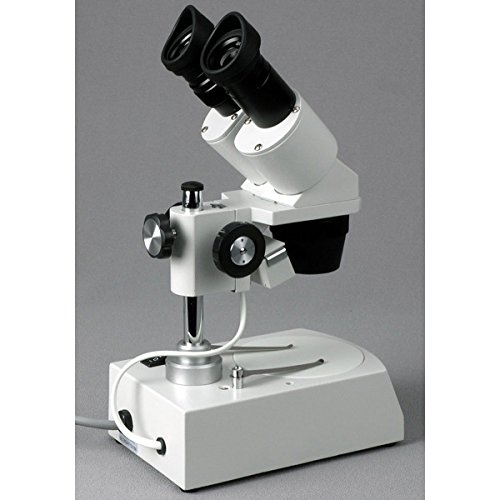 AmScope SE305-P Binocular Stereo Microscope, WF10x Eyepieces, 10X and 30X Magnification, 1X and 3X Objectives, Upper and Lower Halogen Lighting, Reversible Black/White Stage Plate, Pillar Stand, 120V