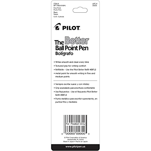 PILOT The Better Ball Point Pen Refillable Ballpoint Stick Pens, Fine Point, Black Ink, 2-Pack + 1 Bonus (35005)