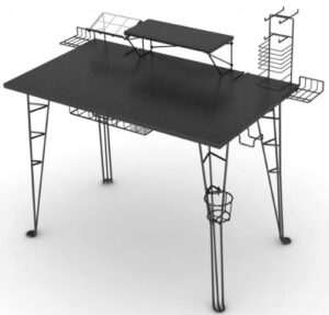 atlantic original gaming desk – carbon-fiber laminated desktop, heavy-duty steel-wire legs, elevated monitor platform, tablet/phone stand, speaker stands, video game gadget rack, pn 33935701 - black