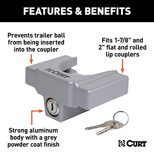 CURT 23079 Powder-Coated Aluminum Trailer Tongue Lock, Fits Most 2-Inch, 1-7/8-Inch Couplers , grey