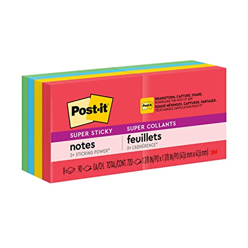 Post-it Super Sticky Notes, 2 in x 2 in, 8 Pads, 2x the Sticking Power, Playful Primaries Collection, Primary Colors (Red, Yellow, Green, Blue, Purple), Recyclable (622-8SSAN)